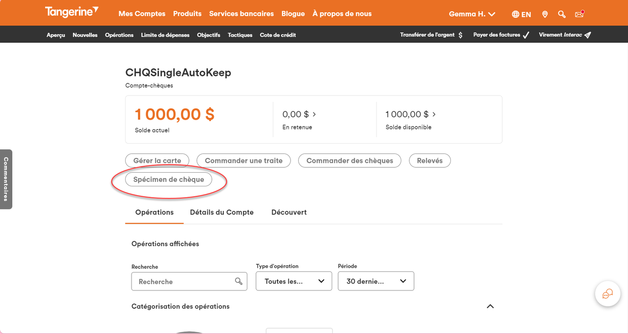 Comment puis-je obtenir un spécimen de chèque | Tangerine