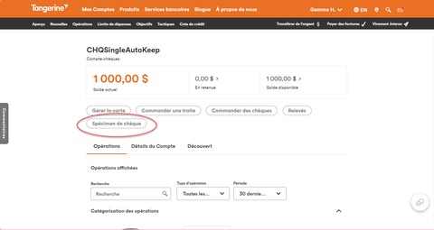 Comment puis-je obtenir un spécimen de chèque | Tangerine