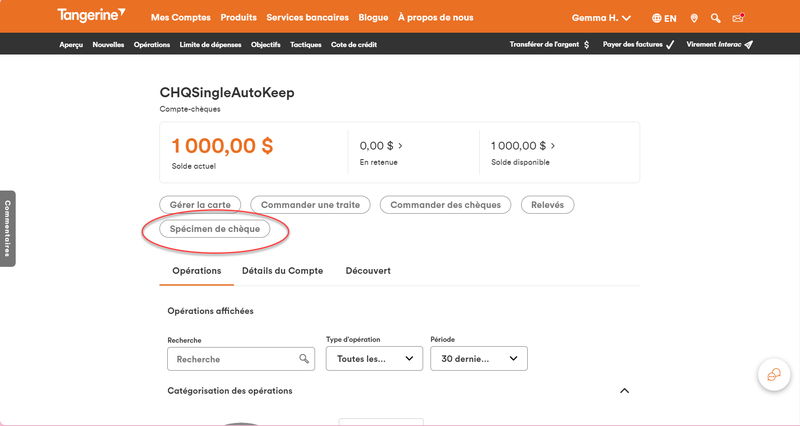 Comment puis-je obtenir un spécimen de chèque | Tangerine