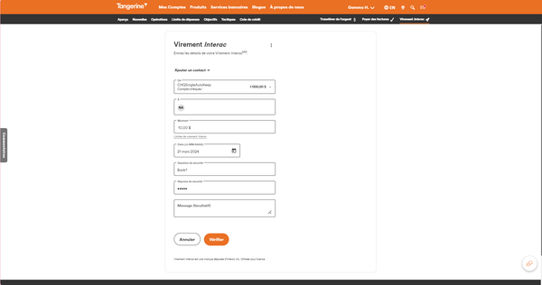 Comment ajouter un nouveau contact pour envoyer de l’argent par Virement Interac? | Tangerine