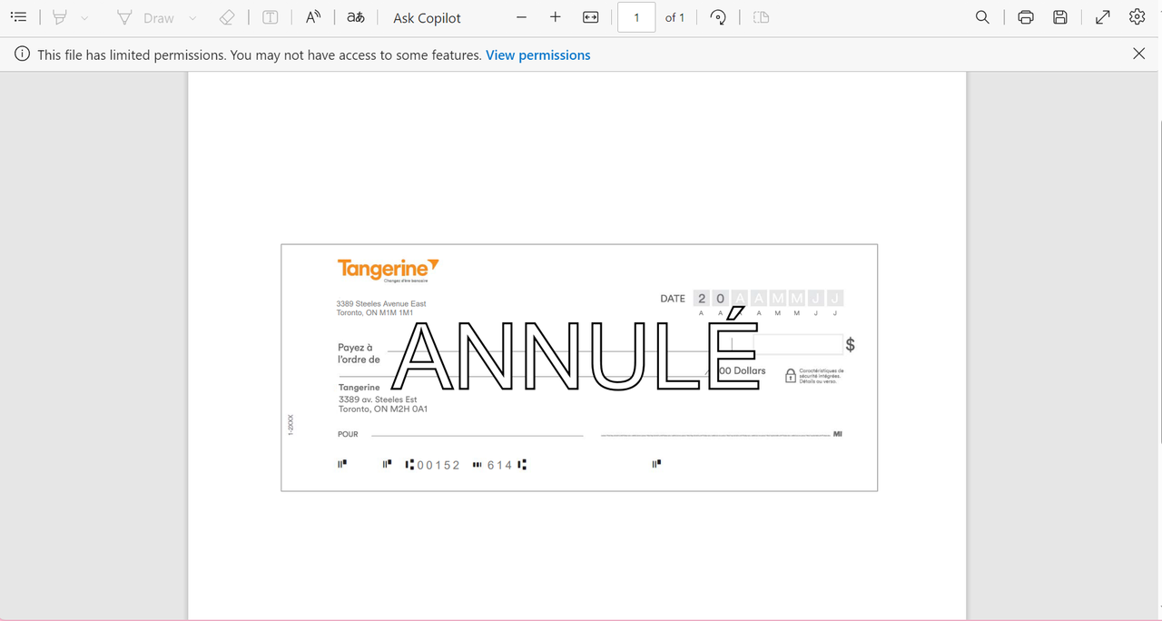 Comment puis-je obtenir un spécimen de chèque | Tangerine