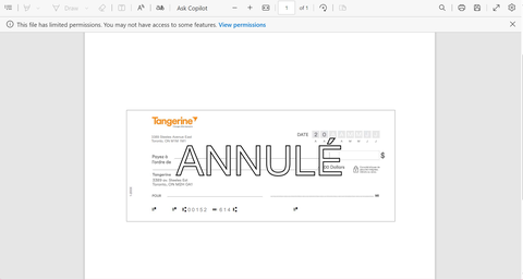 Comment puis-je obtenir un spécimen de chèque | Tangerine