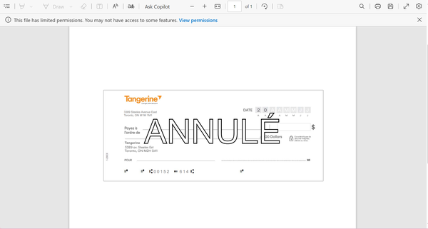 Comment puis-je obtenir un spécimen de chèque | Tangerine